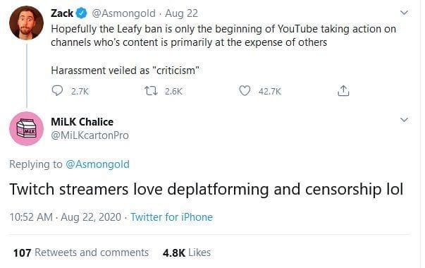 Twitch streamers are celebrating YouTuber Leafy's deplatforming