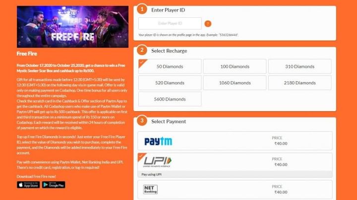 Free Fire: How to top-up diamonds from Codashop