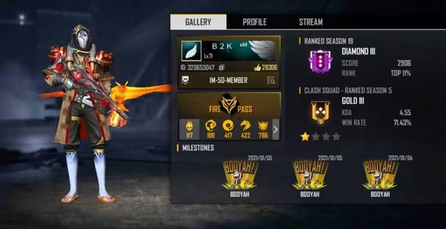 B2K (Born2Kill)'s Free Fire ID, K/D ratio, and stats in January 2021