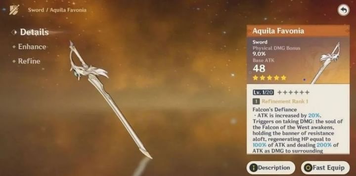 Aquila Favonia in Genshin Impact: Stats, passive abilities, and suitable characters explained