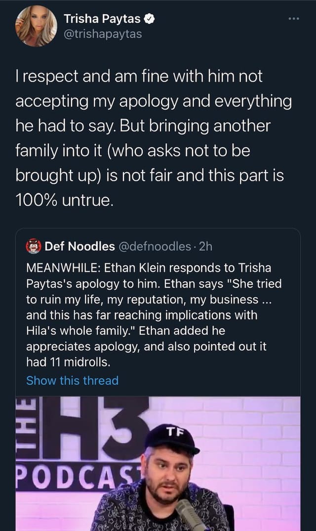 Trisha Paytas calls out Ethan Klein for bringing up her sister during ...