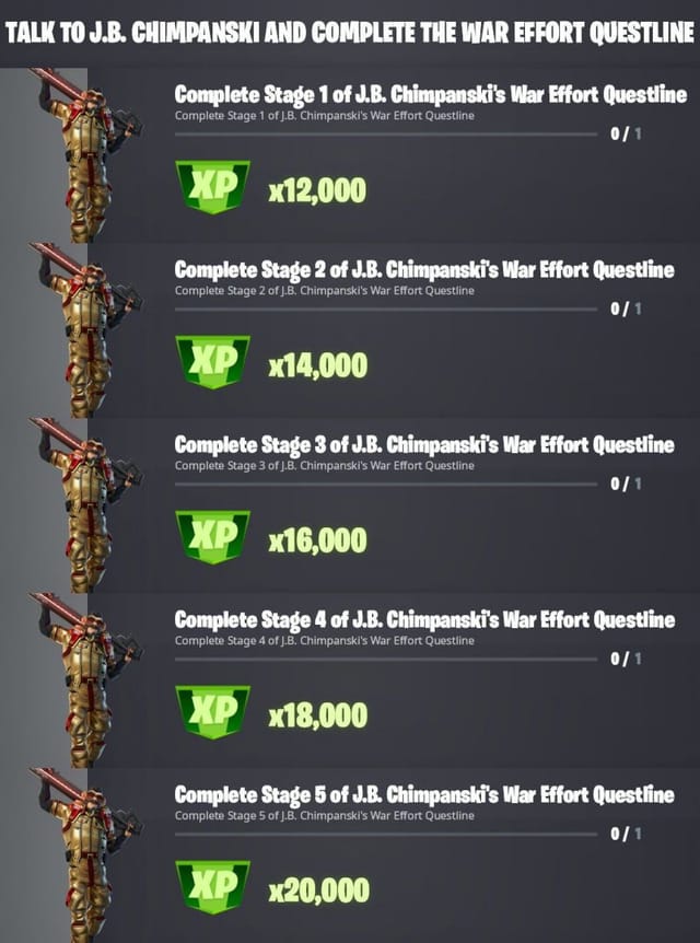 Fortnite Season 8 J.B. Chimpanski War Effort questline challenges: Full ...