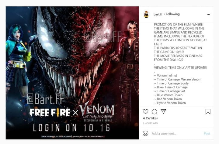 Garena officially announces Free Fire x Venom 2 collaboration