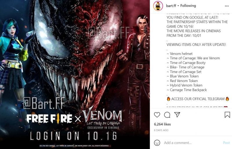 Free Fire x Venom collaboration release date, leaked items, and more