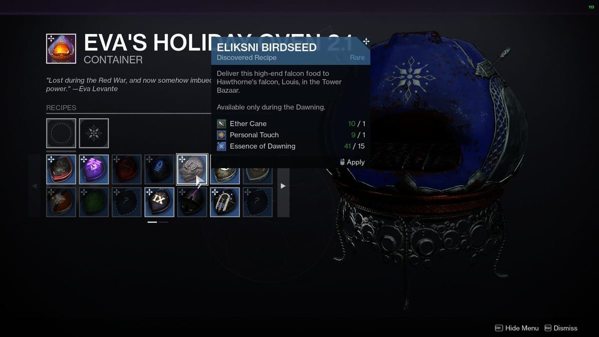 All Destiny 2 Dawning 2021 recipes and ingredients