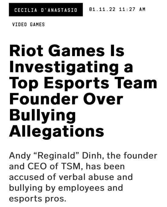 TSM owner Reginald accused of bullying, faces investigation from Riot Games