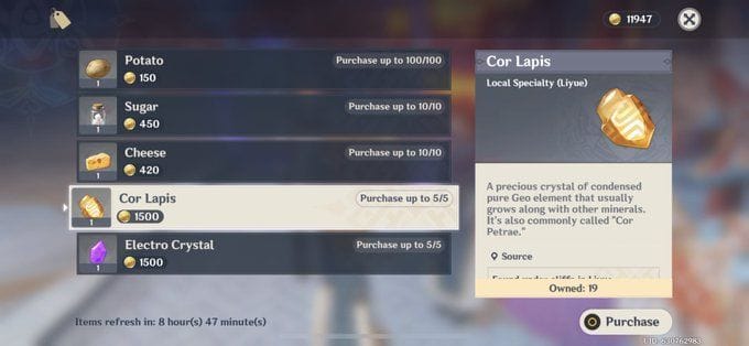 Genshin Impact: Cor Lapis farming and buying locations
