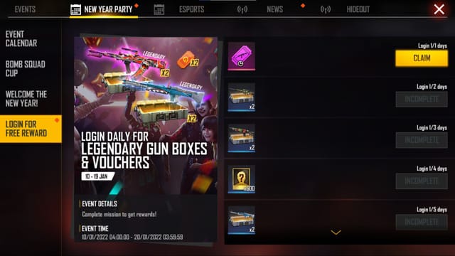 Free Fire Daily Login event: Get legendary gun boxes and vouchers for free