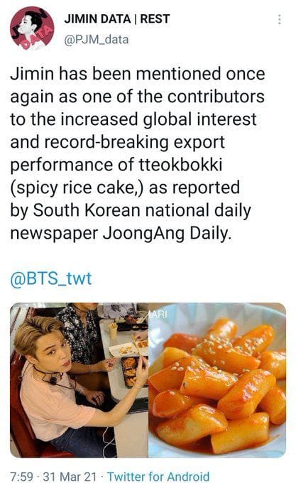 BTS' Jimin contributes to high exports of Tteokbokki (rice cakes) and ...