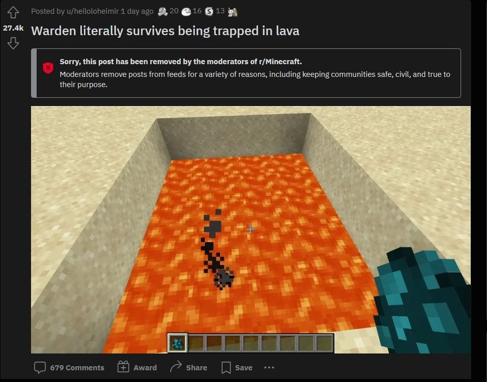 Minecraft 1.19: Redditor shows the Warden surviving lava