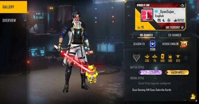 Gyan Sujan’s UID number, monthly earnings, Free Fire stats, and more