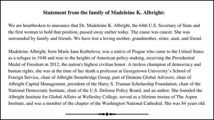 How did Madeleine Albright die? Cause of death explored as first female ...