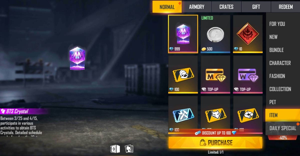 How to get BTS Crystal to unlock rare Free Fire MAX items this week