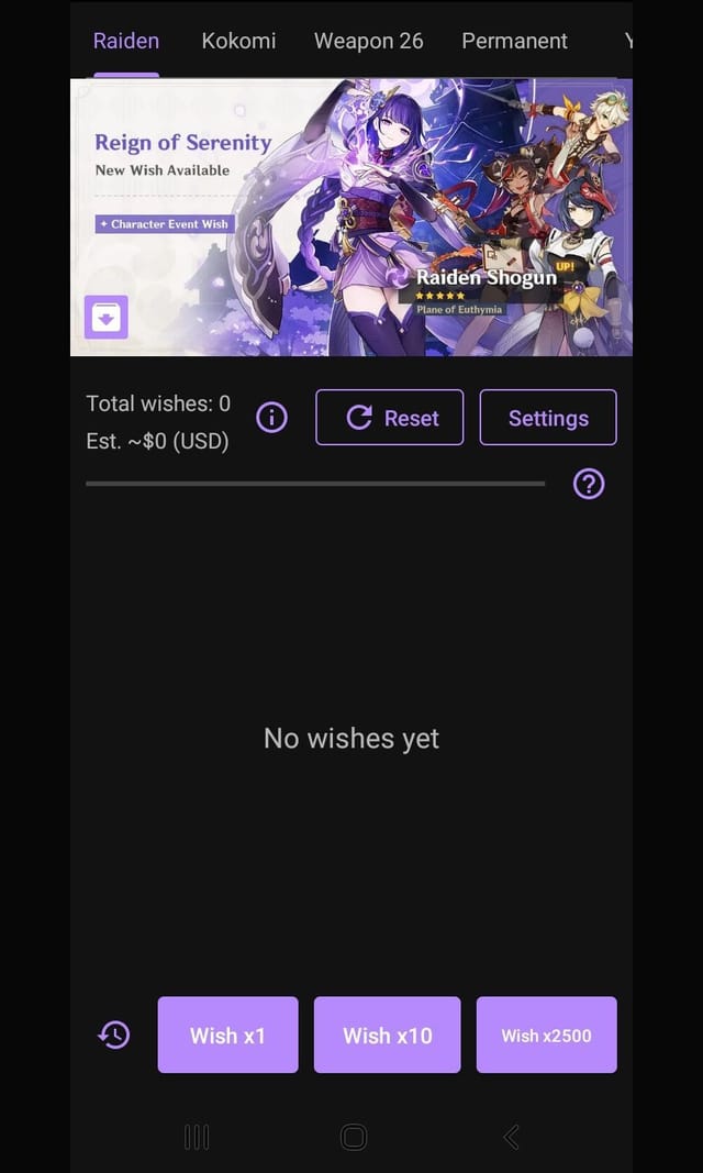 Genshin Impact Wish Simulator for Raiden Shogun banner: Wish unlimited on character banners