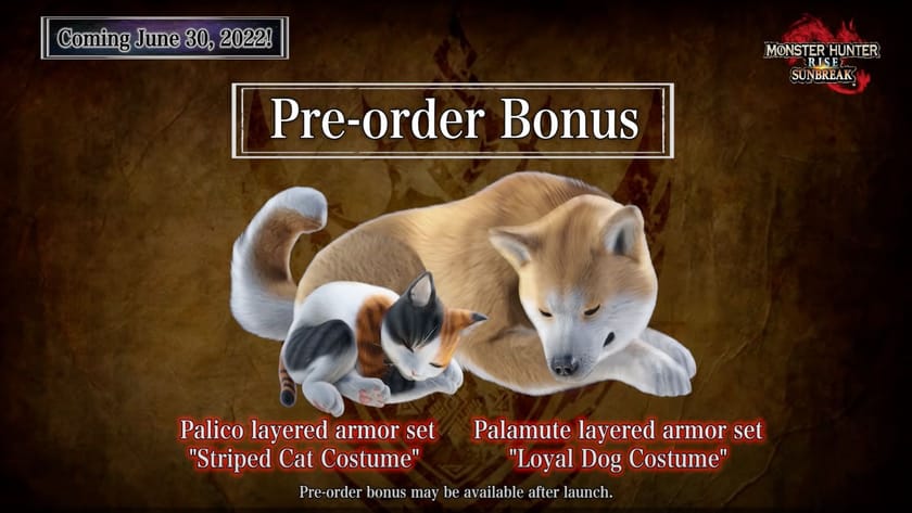 What are the different pre-order bonuses for Monster Hunter Rise: Sunbreak?