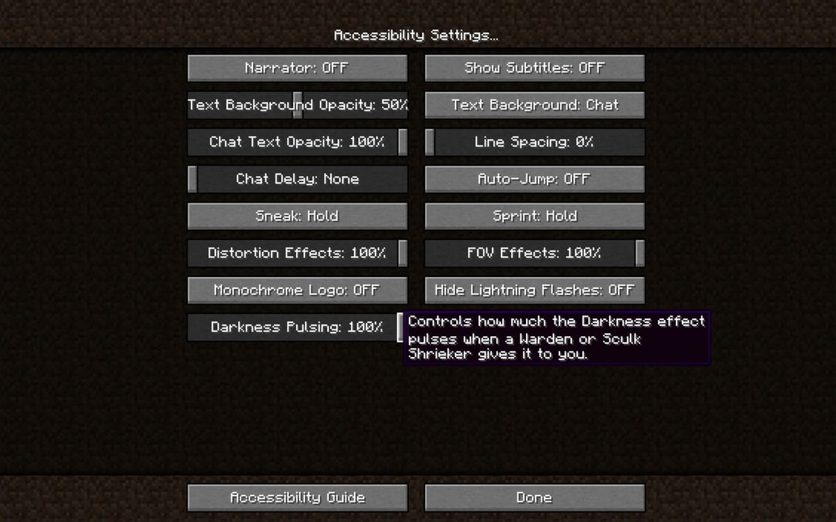 How does darkness pulsing settings in Minecraft snapshot 22w12a work?