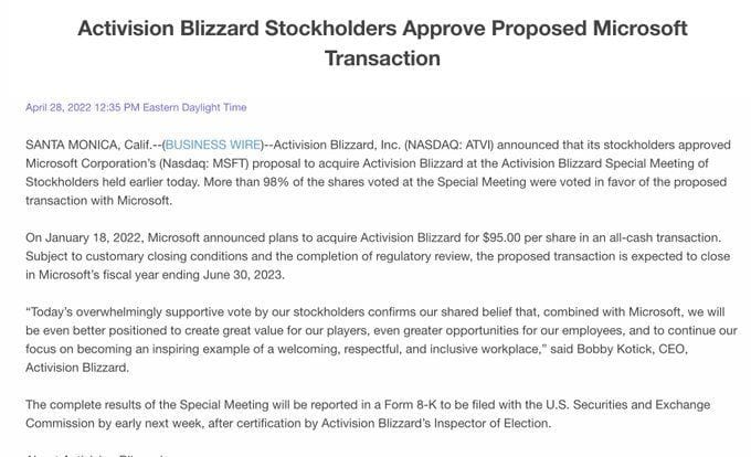 With Activision Blizzard's 98% shareholders green-lighting Xbox ...