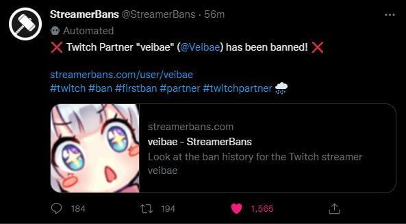 Popular VTuber Veibae has been unbanned after 24 hours