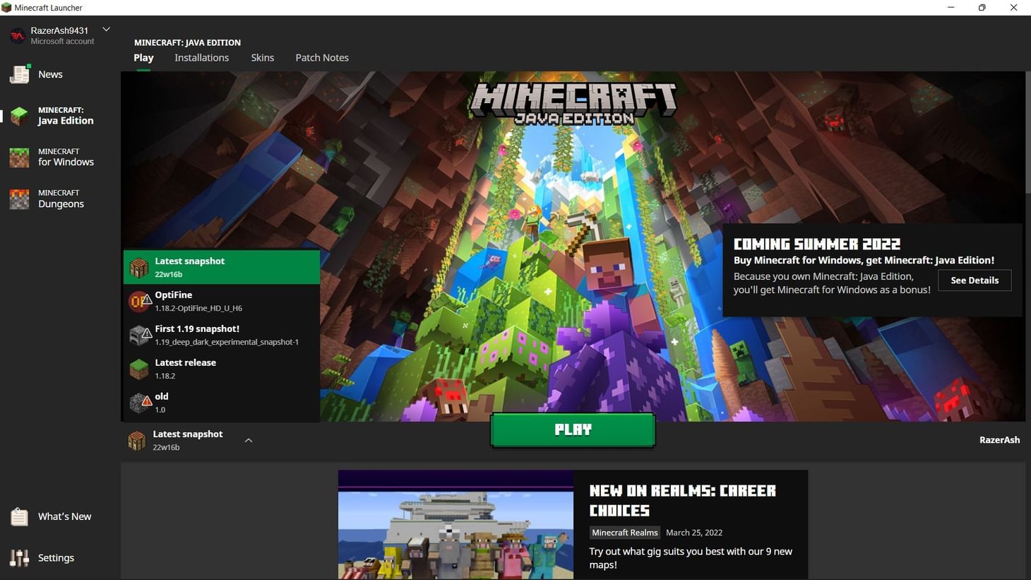How to download Minecraft snapshot 22w16b