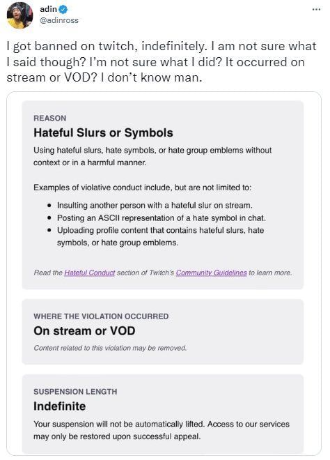 Why did Adin Ross get banned on Twitch?
