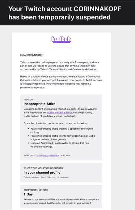 Corinna Kopf reacts to receiving a Twitch ban for inappropriate attire
