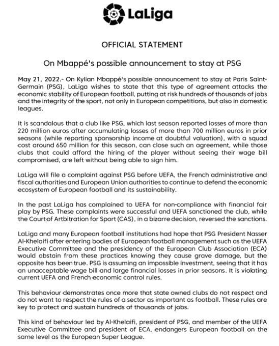 "It is scandalous" - La Liga set to lodge complaint about PSG to UEFA ...