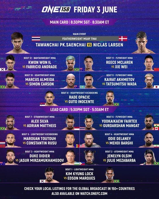 ONE Championship gives first look of ONE 158 fight card
