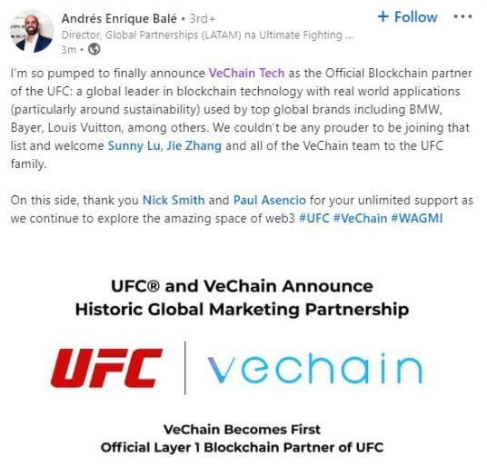 UFC-VeChain deal is reportedly worth $100m
