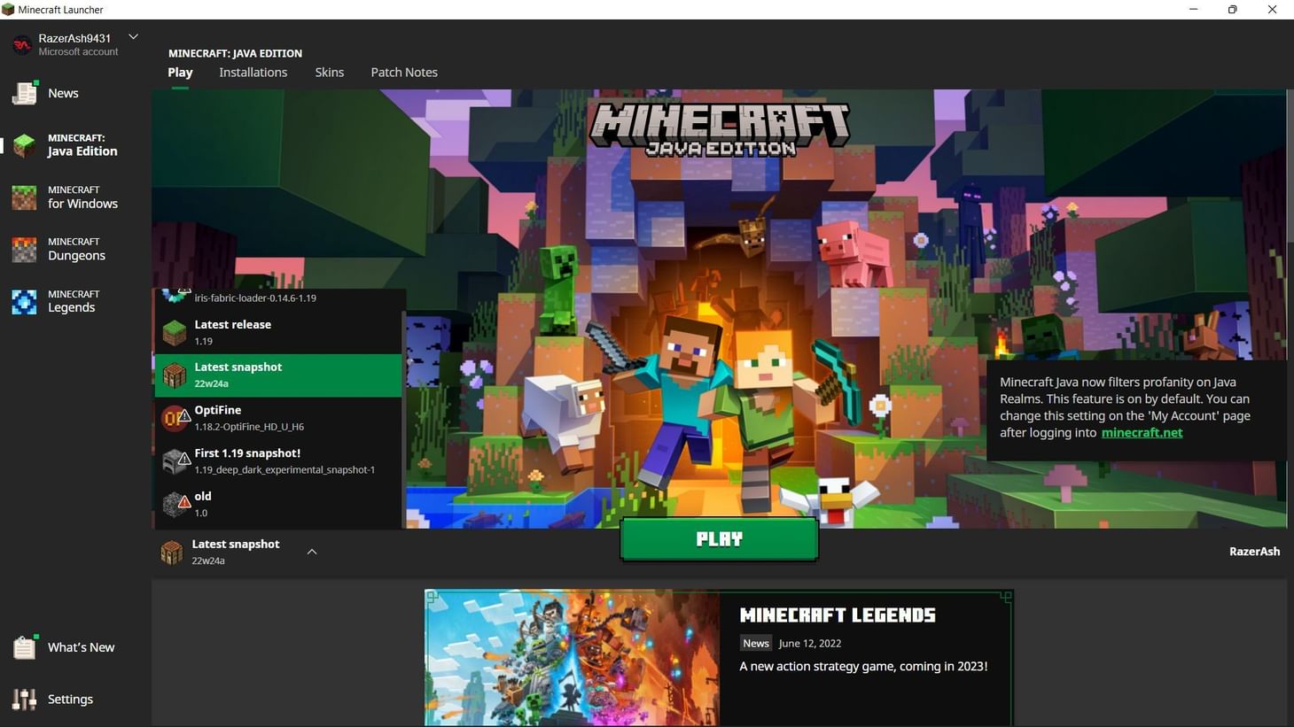 How to download Minecraft snapshot 22w24a