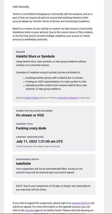 DariusIRL banned indefinitely from Twitch for saying N-word