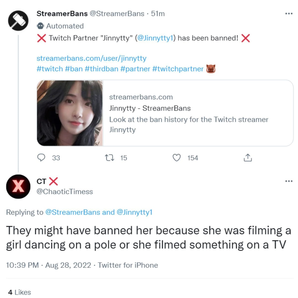 Popular IRL streamer Jinnytty banned from Twitch for third time