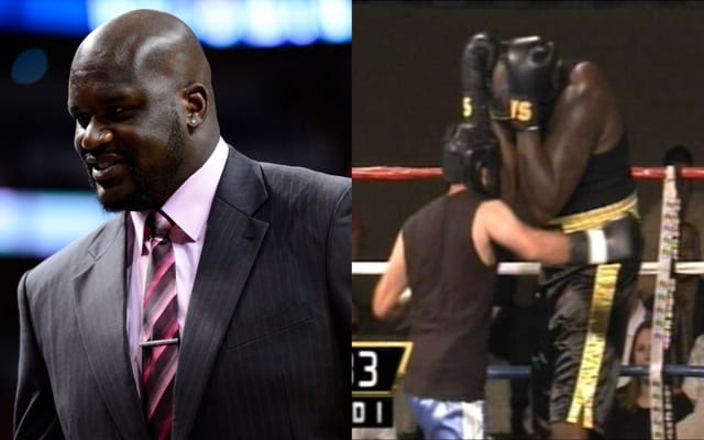 Shaquille O'Neal boxes Oscar De La Hoya
