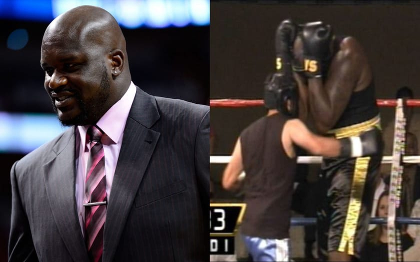 Shaquille O'Neal boxes Oscar De La Hoya