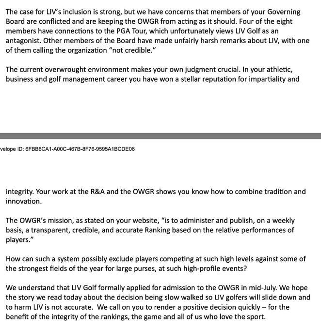 LIV golfers demand OWGR points to LIV Golf events