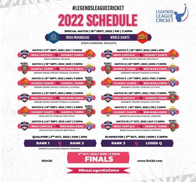Legends League Cricket 2022: Full schedule, squads, venues and match ...