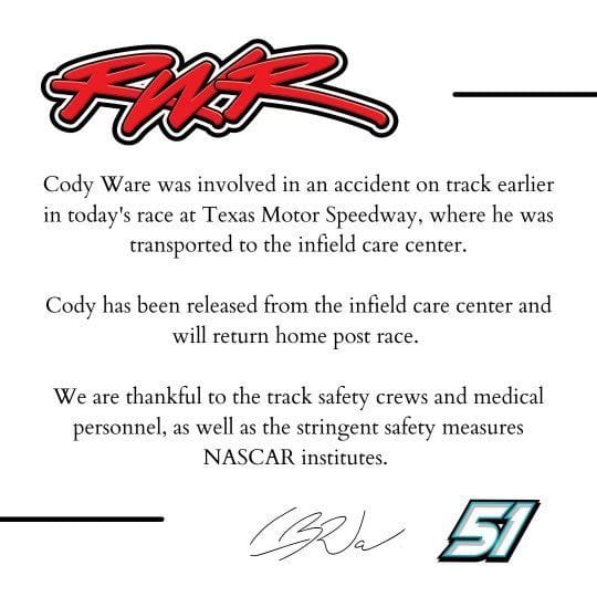 "No broken bones" - Cody Ware survives hard wreck at NASCAR Texas race