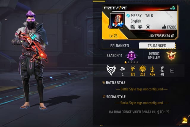Messy Talk's Free Fire MAX ID, stats, headshots, earnings, and more