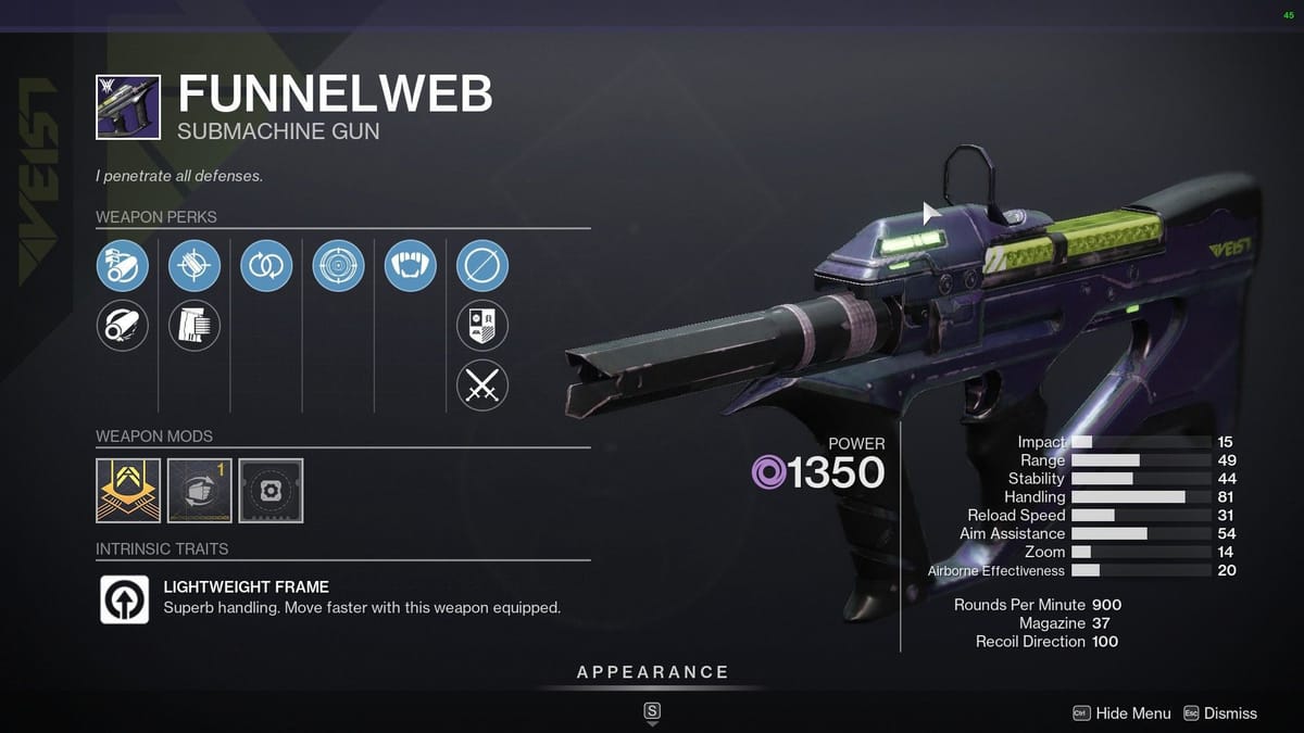 Banshee-44 is selling a PvE god roll Funnelweb in Destiny 2 right now ...