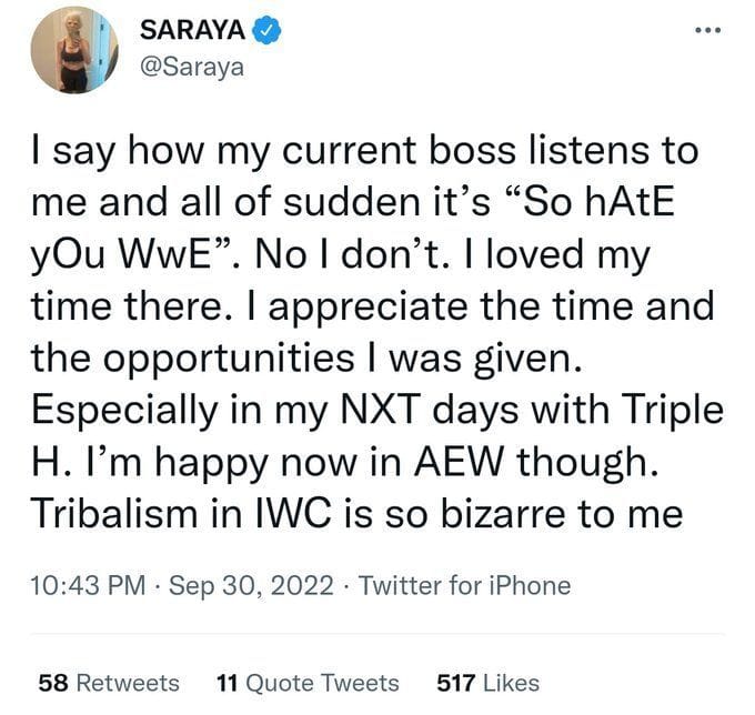 Saraya ripped apart on Twitter following her now-deleted post