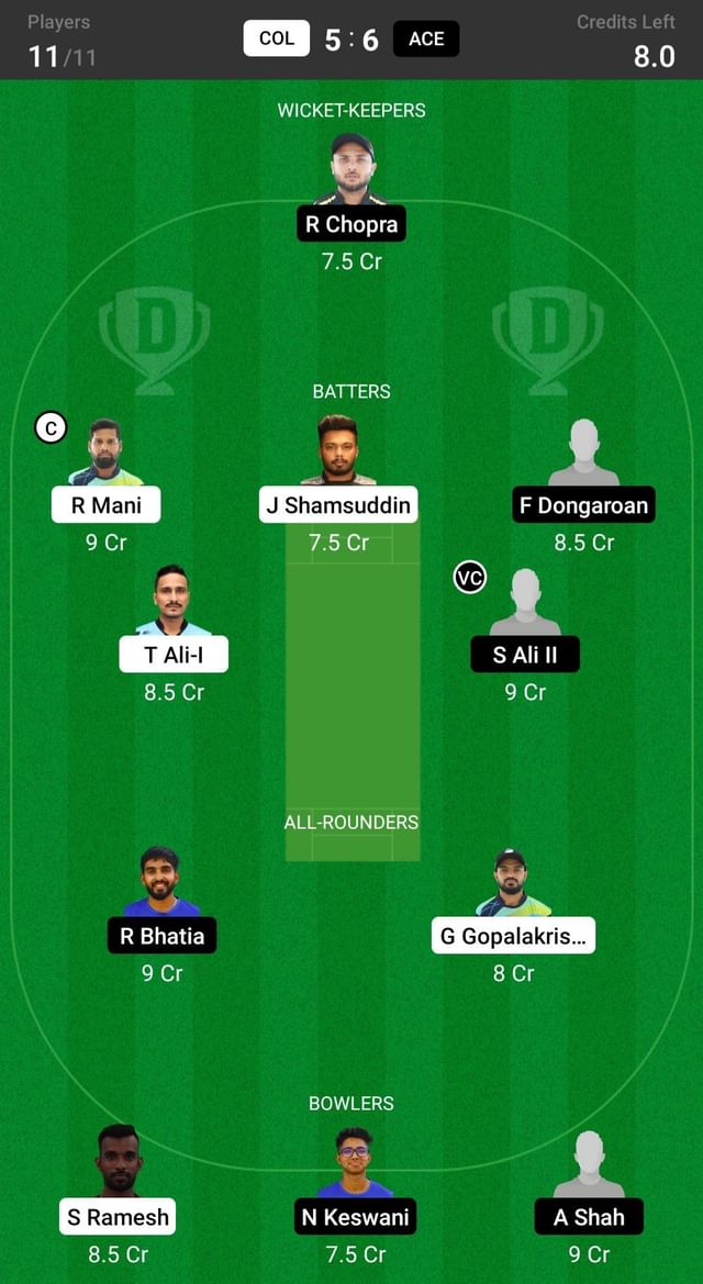 COL vs ACE Dream11 Prediction: Fantasy Cricket Tips, Today's Playing 11, Player Stats and Pitch ...