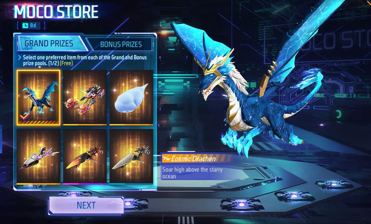 Free Fire Moco Store: Get Cosmic Drachen Skywing, Booyah! Balloon emote ...