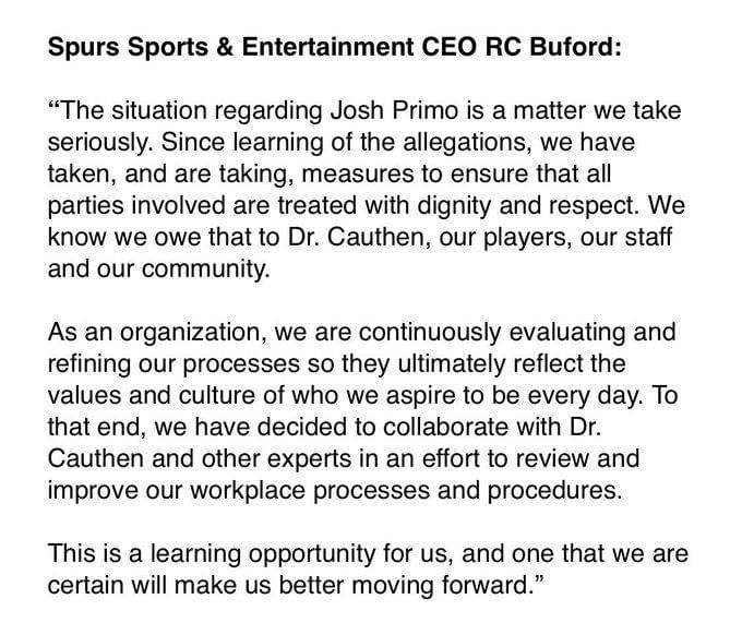 Spurs CEO addresses Hillary Cauthen settling her lawsuit with Joshua Primo