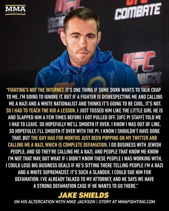 Jake Shields claims 'Nazi' jibe led to physical altercation with Mike ...