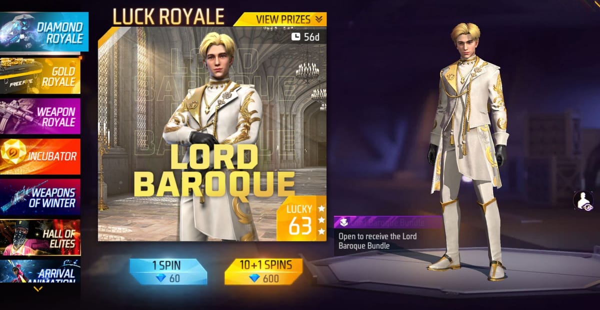 New Free Fire MAX Diamond Royale provides Lord Baroque Bundle