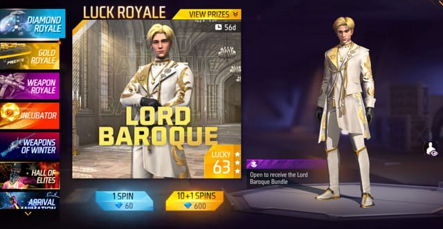 New Free Fire MAX Diamond Royale provides Lord Baroque Bundle