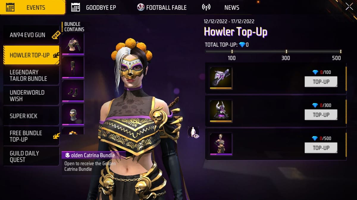 New Howler Top-Up in Free Fire MAX provides free Golden Catrina Bundle ...
