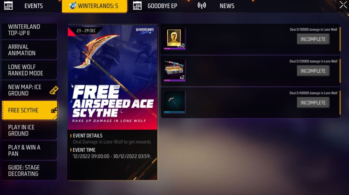 How to get free Airspeed Ace Scythe in Free Fire MAX this week