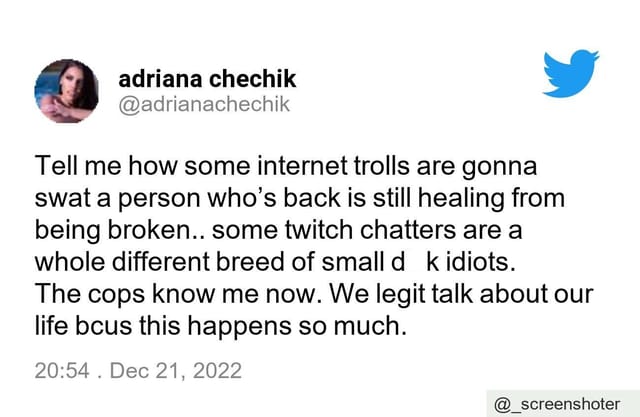 Twitch streamer Adriana Chechik reveals that she got swatted while ...