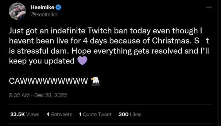 Twitch streamer Heelmike indefinitely banned from platform after ...
