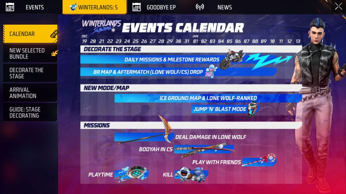 Free Fire MAX Winterlands Subzero calendar revealed